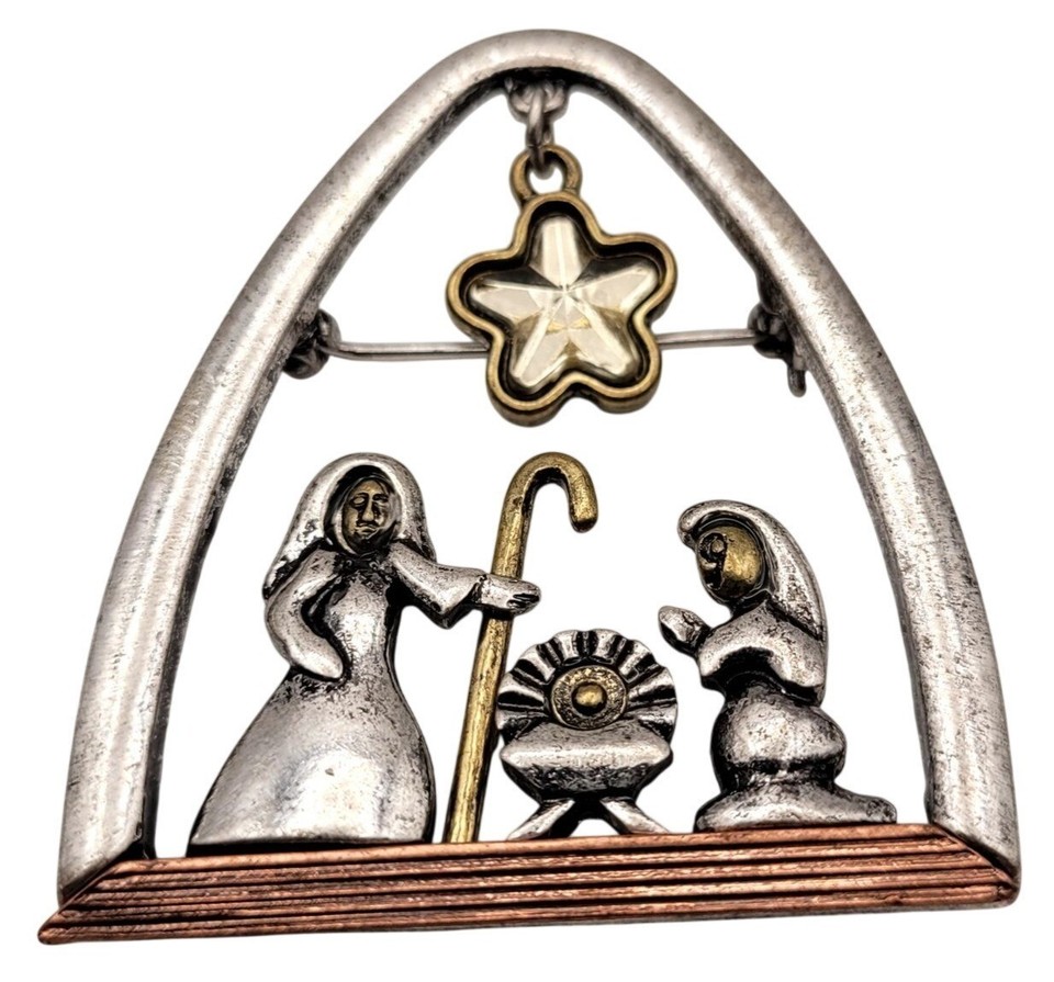 Vintage NATIVITY Scene CHRISTMAS Pin CRYSTAL Star of Bethlehem CHARM 2 ...
