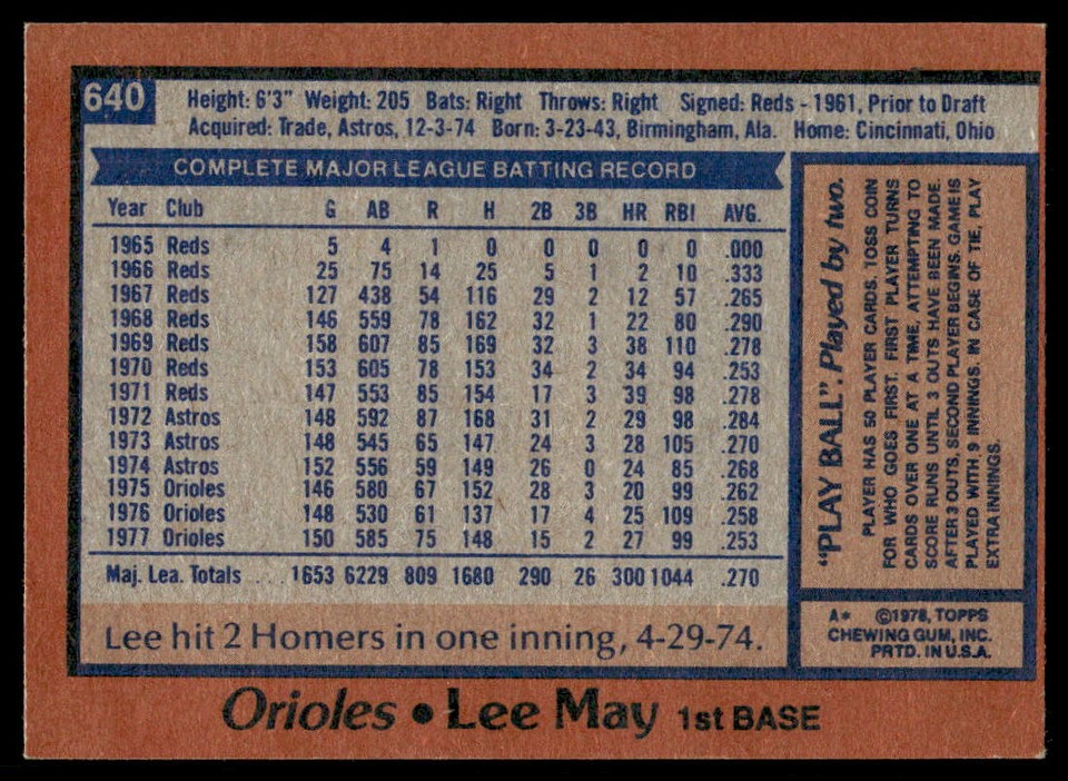 1978 Topps 640 Lee May Baltimore Orioles DP Baseball Card | eBay