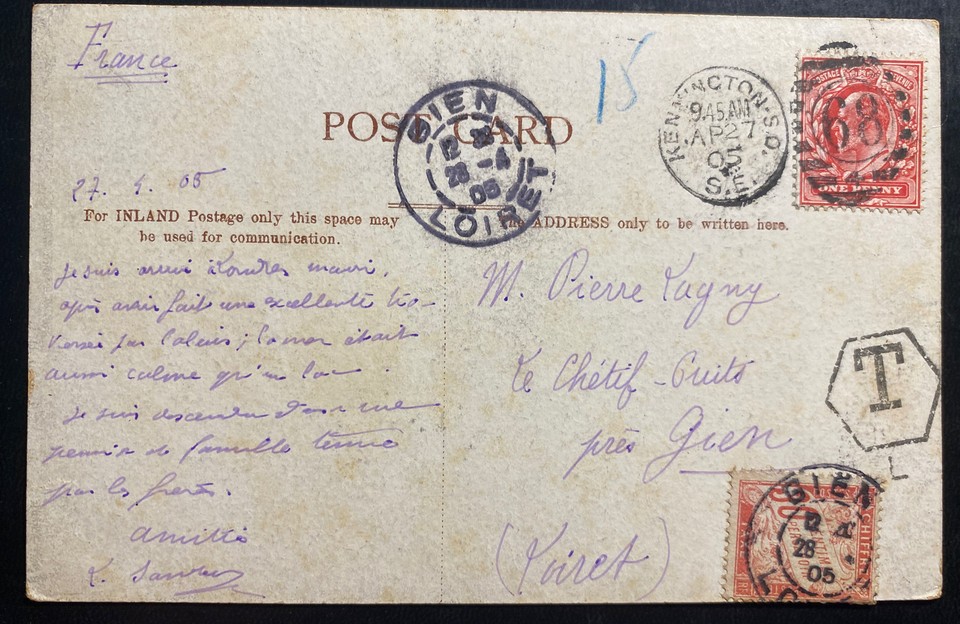 1905 Kensington England Picture postcard Cover To Gien France Charting ...