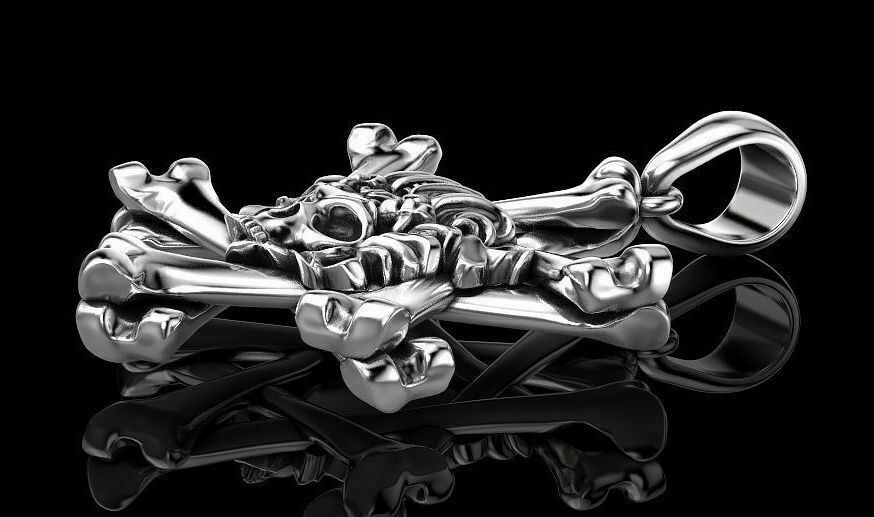 Real 925 Sterling Silver Platinum FN Rhodium Plated Skull & Bones ...