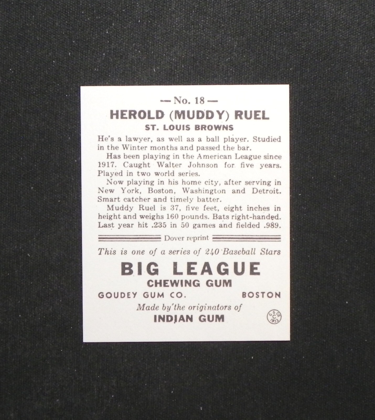 Herold Muddy Ruel 1933 GOUDEY GUM COMPANY Dover Reprint Card #18 _Exact ...