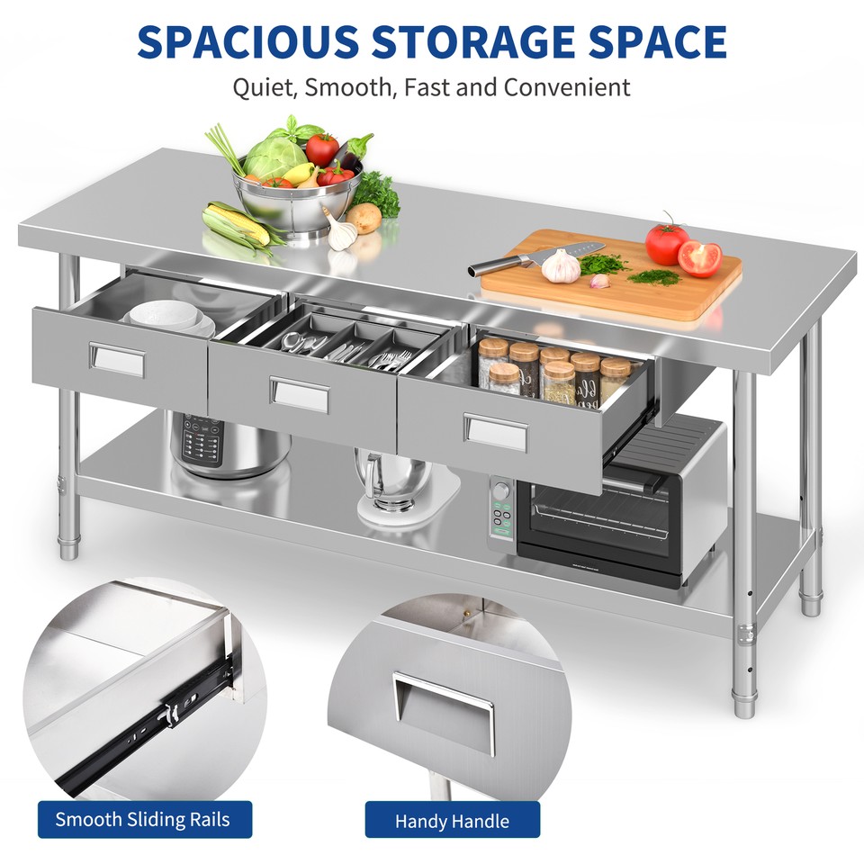 Stainless Steel Table Work Table 72"X24"Metal Table w/3 Drawers for ...