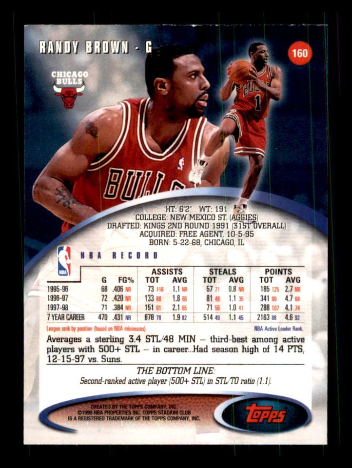 1998 Basketball Stadium Club Randy Brown Chicago Bulls #160 | eBay