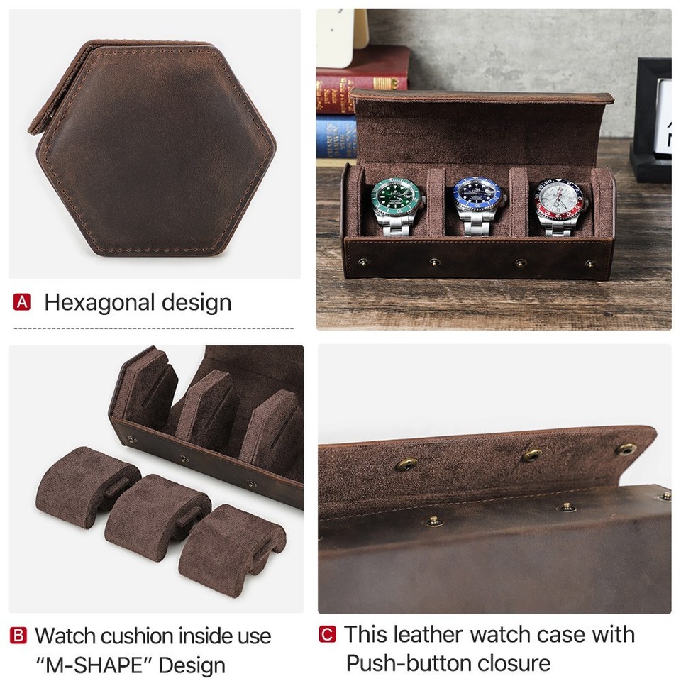 Retro Genuine Leather Roll 3 Watches Storage Box Case Organizer Hexagon ...