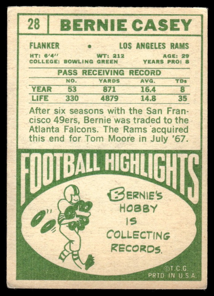 1968 Topps Bernie Casey #28 Los Angeles Rams Football Card | eBay
