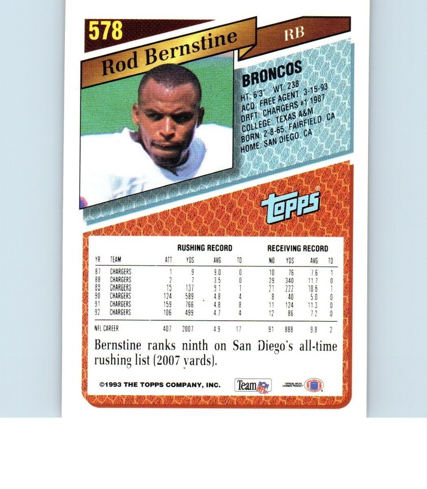 Rod Bernstine 578 Broncos 1993 Topps Football Trading Card | eBay