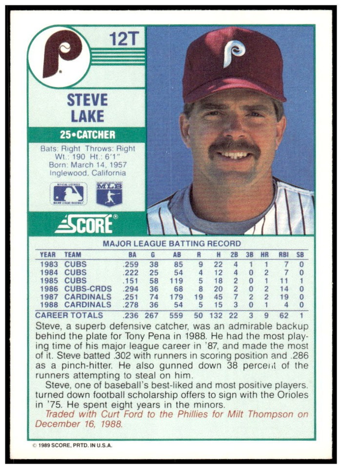 1989 Score Rookie & Traded #12T Steve Lake EX/NM | eBay