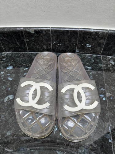 CHANEL PVC TRANSPARENT WHITE LOGO FLAT POOL SLIDE SANDALS SZ 39 | eBay