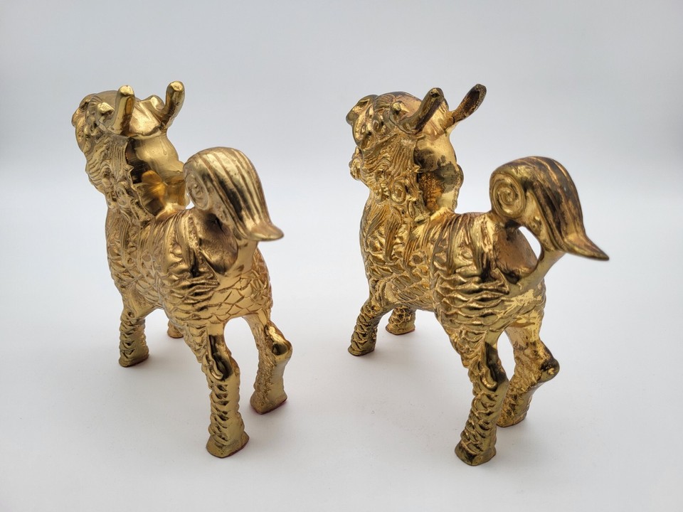 Vintage Chinese Brass Qilin Kirin Dragon Lion Mythical Beast Statues ...