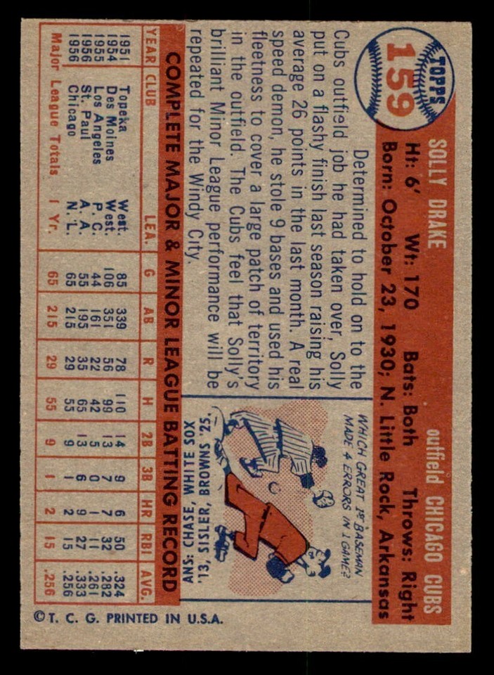 1957 Topps Baseball #159 Solly Drake NM/MT | eBay
