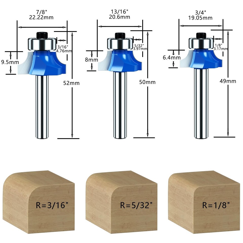 1/4 Inch Shank Roundover Edging Router Bits Solid Carbide Woodworking ...