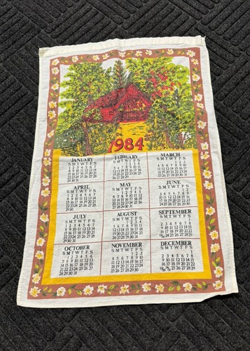 1984 Calendar Linen Tea Towel Red Barn Bridge Green Trees | eBay