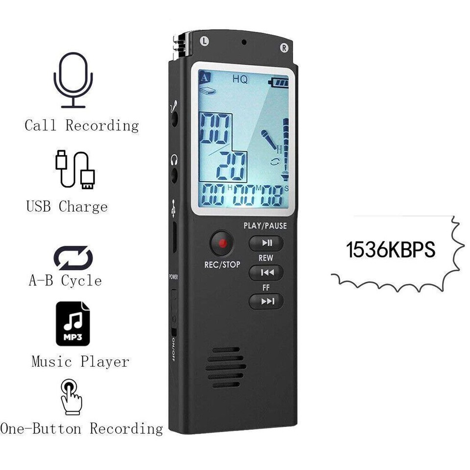 64GB Rechargeable LCD Digital Audio Sound Voice Recorder Dictaphone MP3 ...