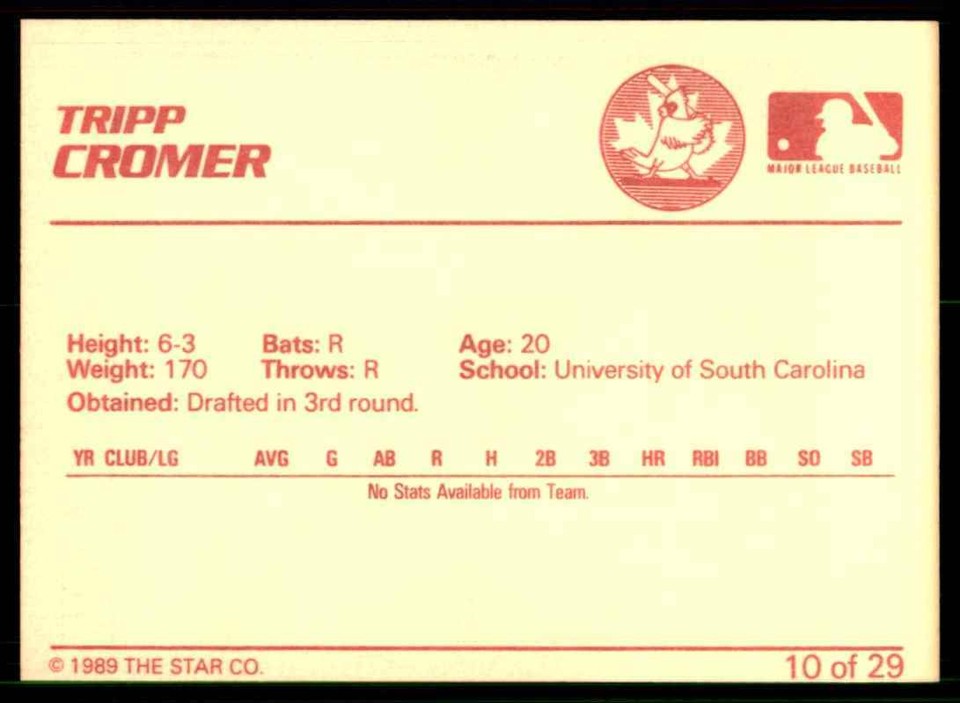 1989 Star Hamilton Redbirds Tripp Cromer #10 | eBay