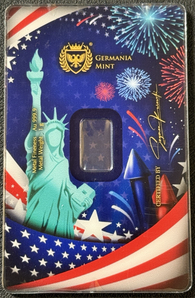 2025 1 Gram .9999 Fine Gold Germania Mint 4th of July Gold Bar in Assay ...