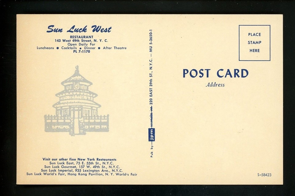 Restaurant postcard New York City NY Sun Luck West interior chrome | eBay