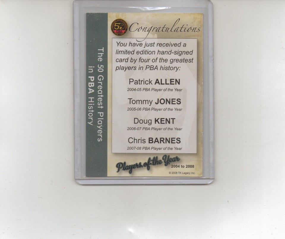 2008 TK LEGACY QUAD AUTOGRAPH PBA CARD P. ALLEN / T. JONES / KENT ...