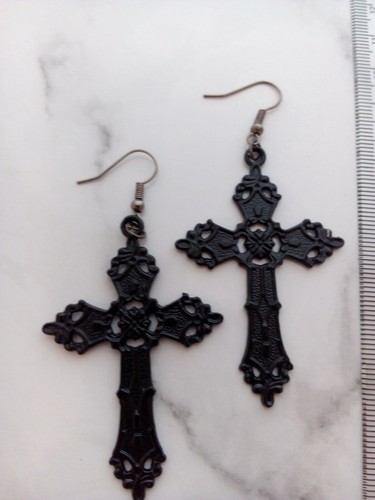 CROSS pendant Earrings Gothic BLACK XL Big Goth Emo Rock Religion ...