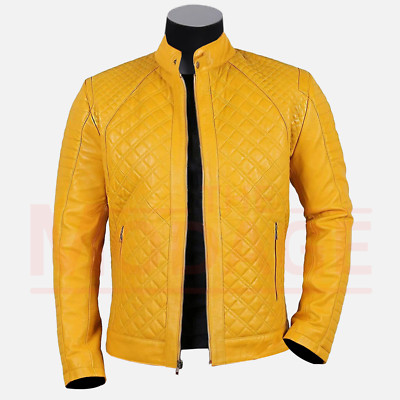 Cafe Racer Yellow Leather Jacket Mens Stylish Biker Motorcycle Quilted ...