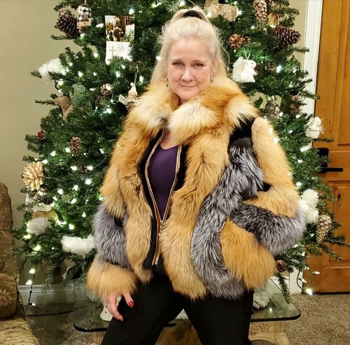 RARE! NWT Natural Red Fox & Silver Fox Fur Jacket with Black Rex Trim ...