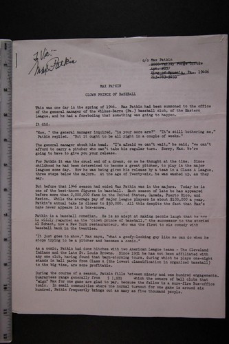 BASEBALL'S CLOWN PRINCE MAX PATKIN (1920-1999) AUTOGRAPH BIO SHEET~ | eBay
