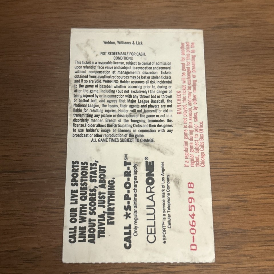 1995 Cincinnati Reds at Chicago Cubs 7/14 MLB Ticket Larkin 3H Dunston ...