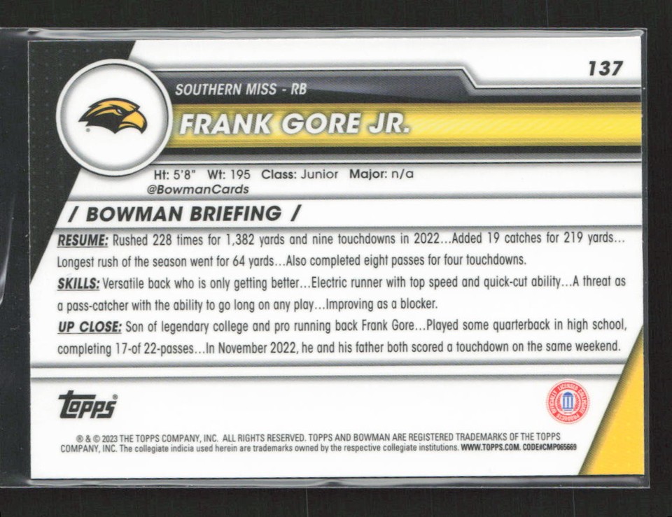 2023 Bowman University Chrome 1st #137 Frank Gore Jr. (W) | eBay