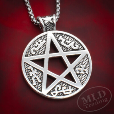 Pentagram Pentacle Pendant Necklace on 23” Box Chain - Alloy, Intricate ...