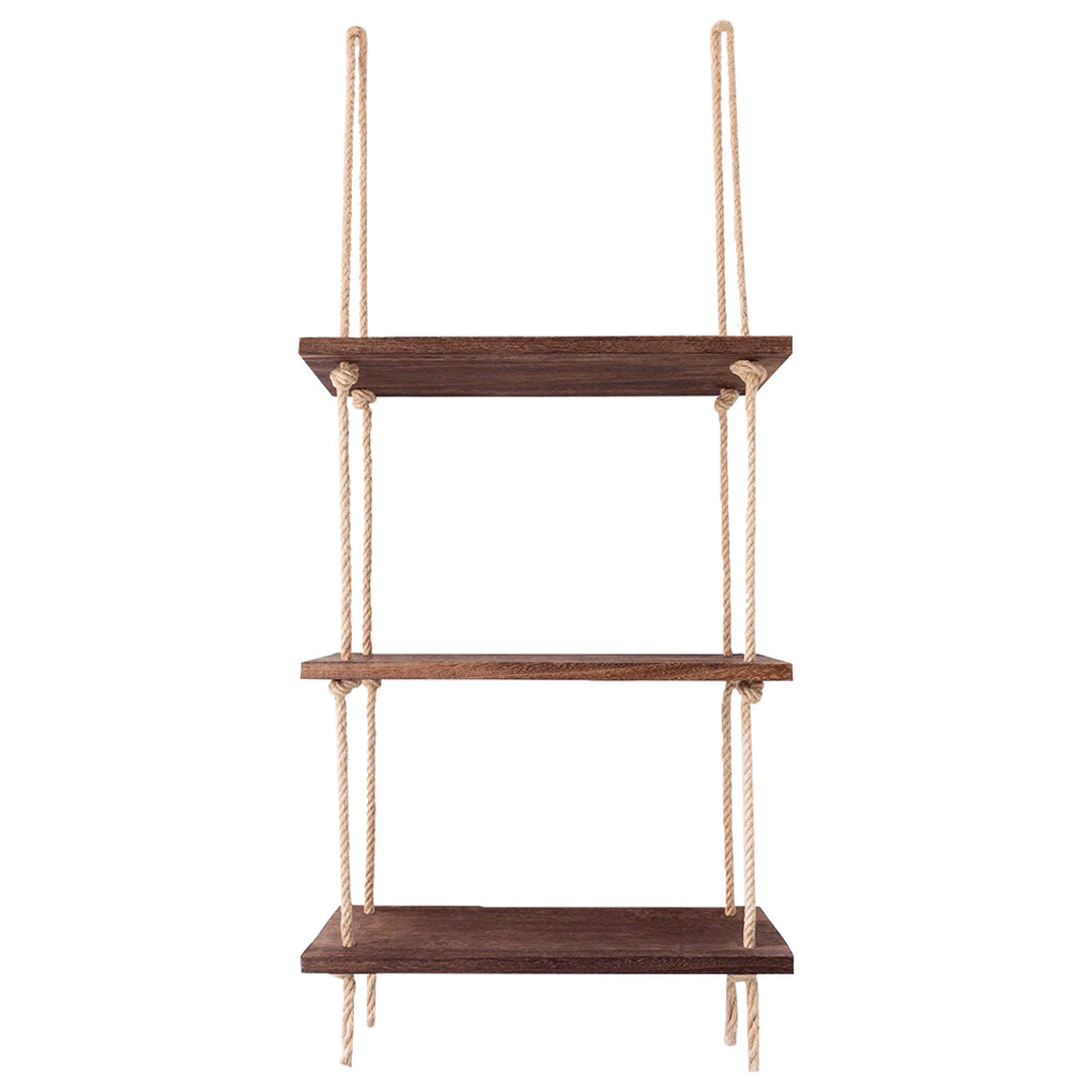 Rustic Hanging Rope Solid Wood Shelves Holder Floating Ladder Shelf ...