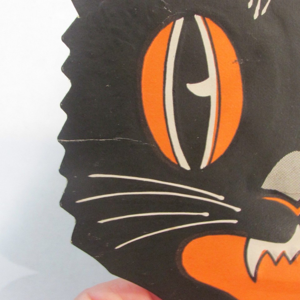 Vintage Early Halloween Beistle Diecut Black Cat Head Orange Eyes Grey ...