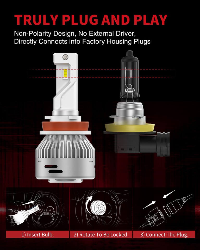 Lasfit H11 H9 LED Headlights Low Beam Bulbs Light 60W 6000LM White ...