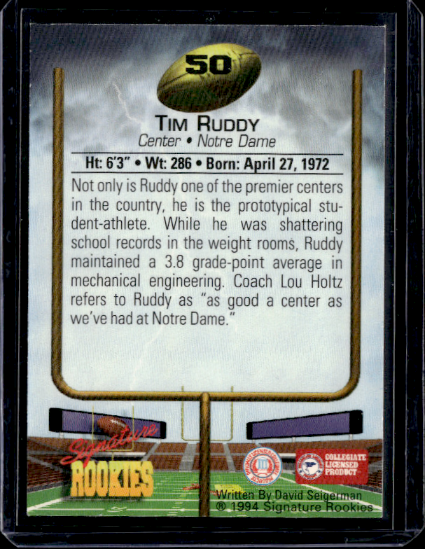 1994 Signature Rookies Autographs Tim Ruddy #50 Notre Dame /7750 On ...