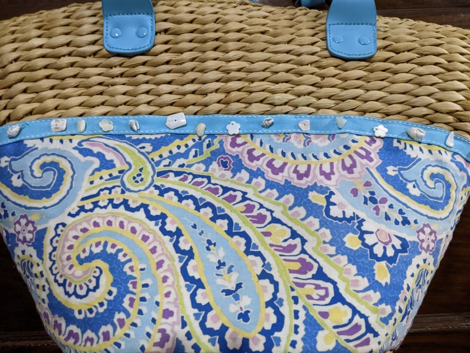 Straw Bag Tote Vera Bradley Capri Blue Teal Paisley Tote with Seashell ...