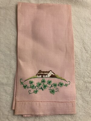 Vintage Linen Guest Towel Hand Tow Embroidered Pink With House ...
