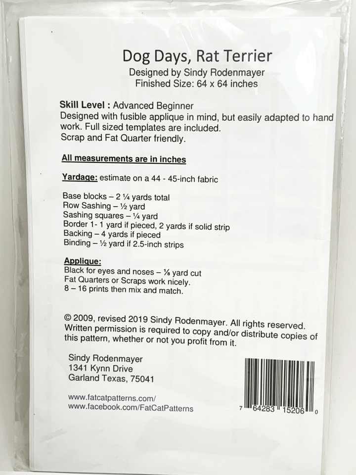 Rat Terrier Quilt Pattern Dog Days Sindy Rodenmayer UNCUT 64 x 64 ...