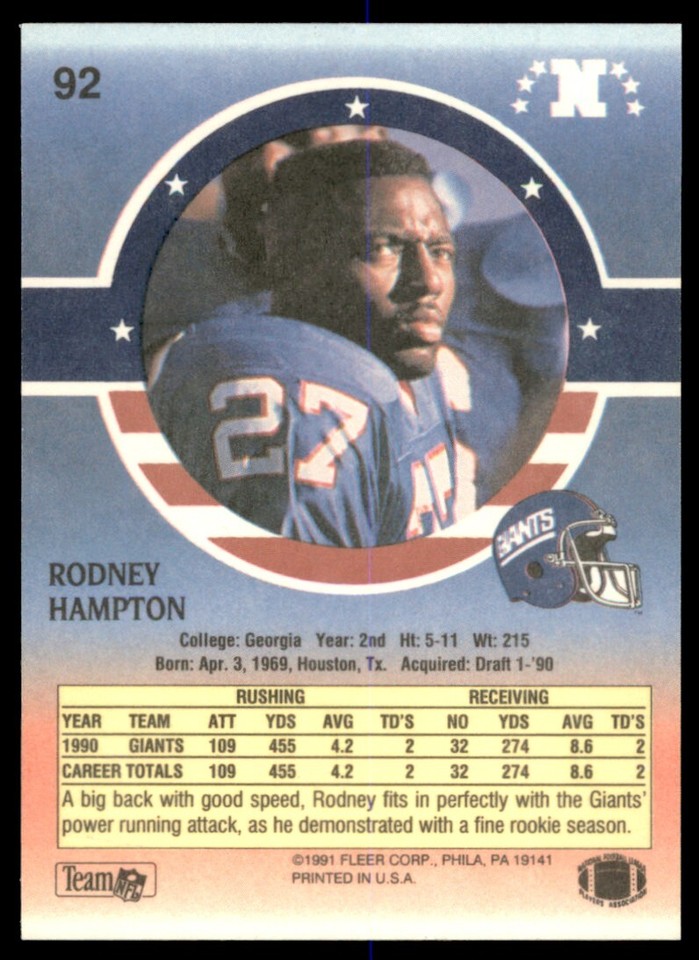1991 Fleer Stars and Stripes Rodney Hampton New York Giants #92 | eBay