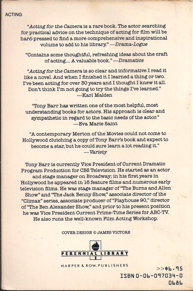 Acting for the Camera by Tony Barr 1986 Trade Paperback 9780060970345 ...