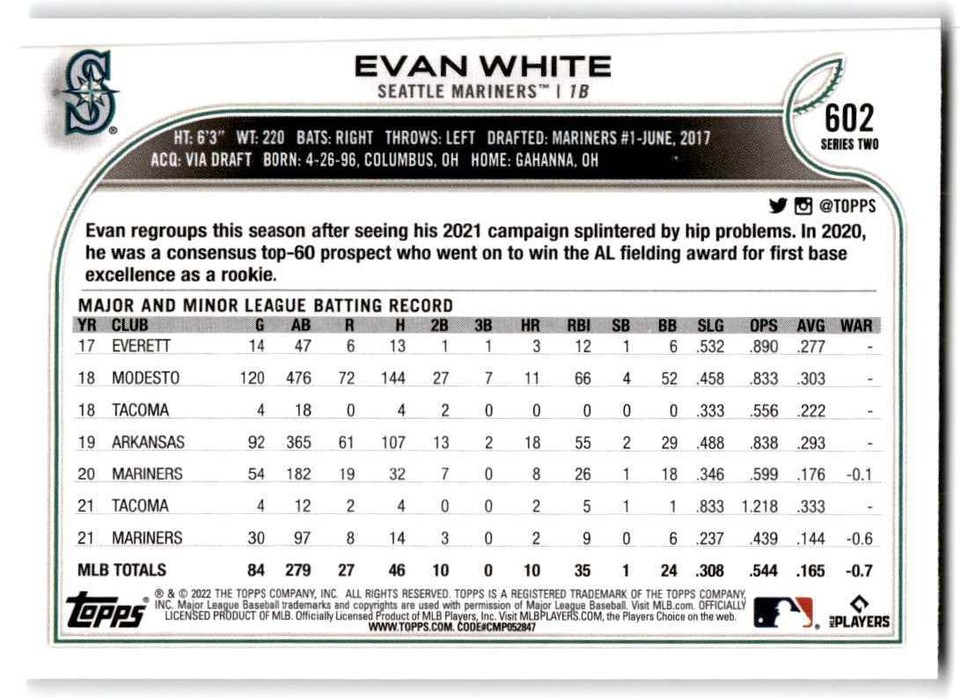 2022 Topps Evan White Baseball Cards #602 | eBay
