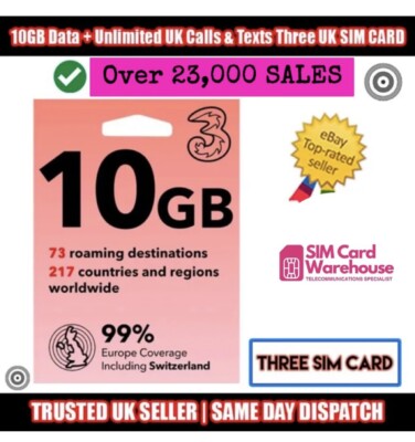 10GB Data Three sim card Pay As You Go With Unlimited Mins & Texts ...