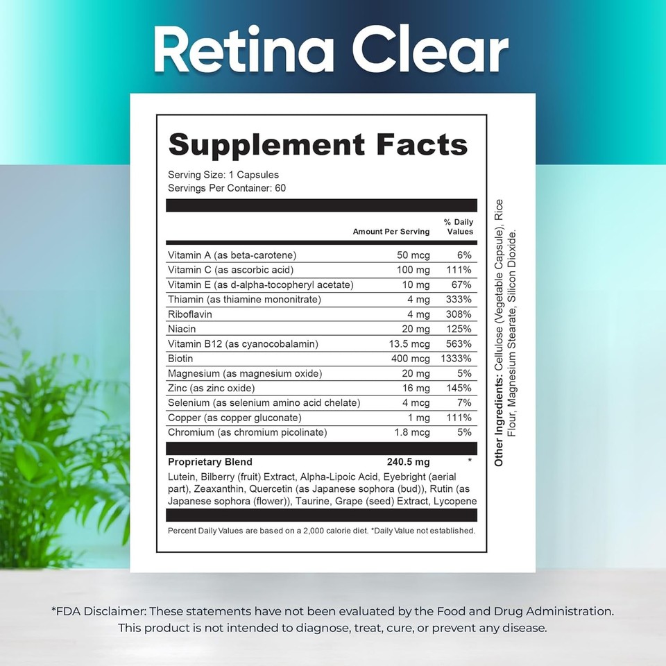 Retina Clear Support Supplement –Supports Focus & Eye Fatigue Relief 60 ...