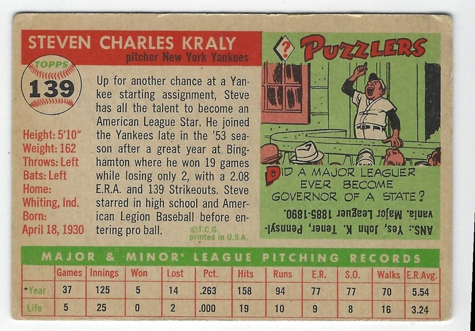 1955 Topps Steve Kraly Rookie New York Yankees #139 | eBay