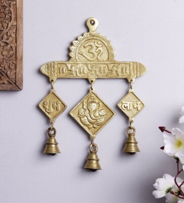 Lovely 9" Diwali Brass Ganesha Shubh Labh Hanging Bells for Home Temple ...