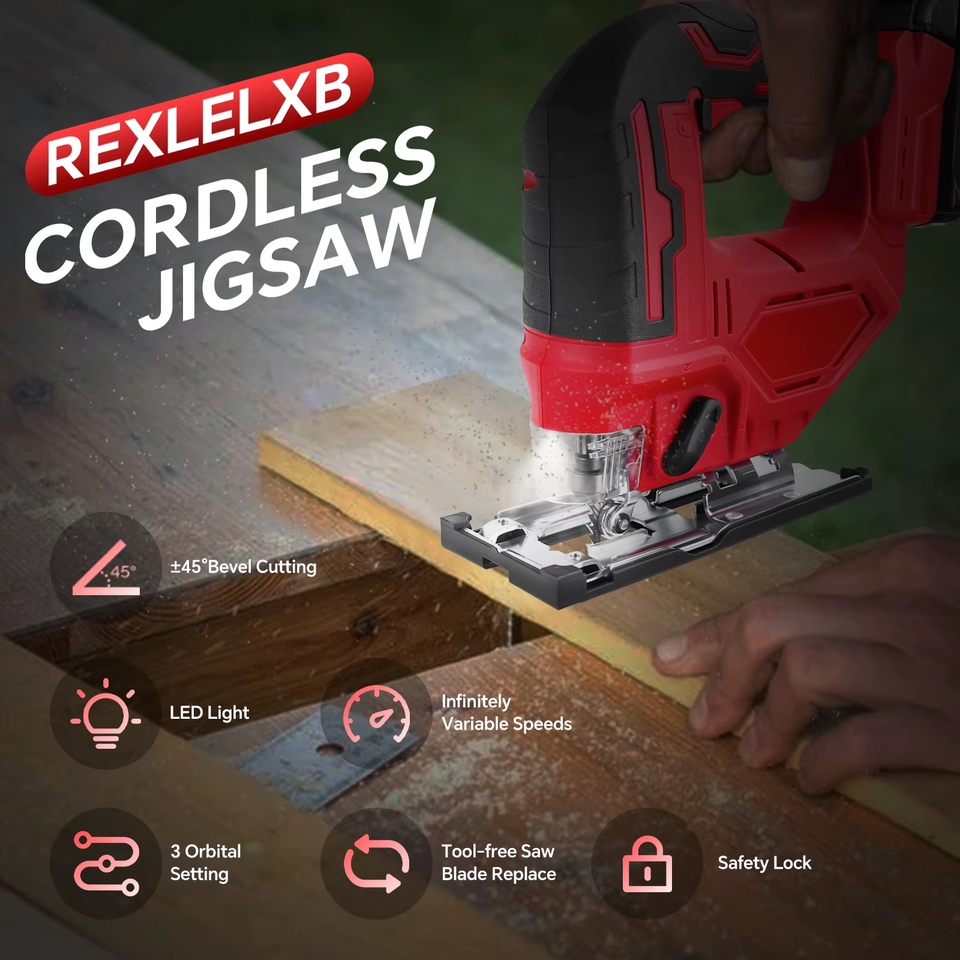Cordless Jig Saw 0°- 45° Bevel Cuts and 3 Orbital Settings with LED ...