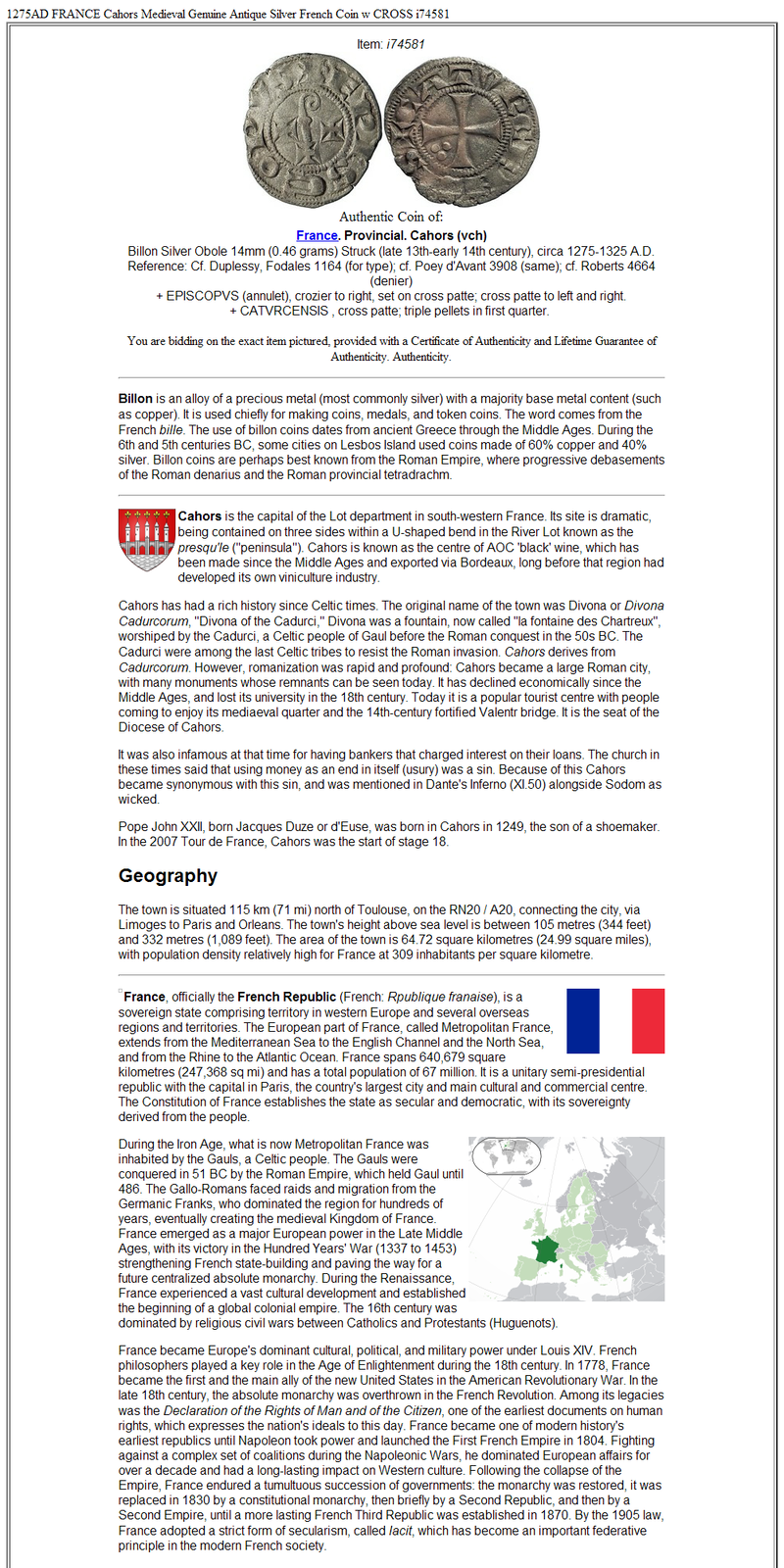 1275AD FRANCE Cahors Medieval Genuine Antique Silver French Coin w ...