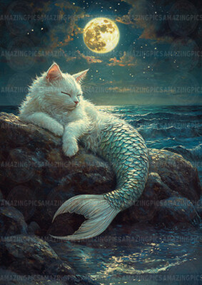 Fantasy Mermaid Cat Art Print Ocean Moon Scene Whimsical Animal ...