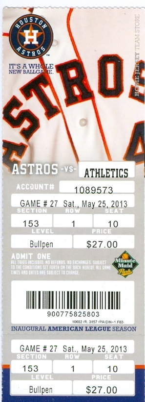 2013 Astros vs Oakland A's Ticket: Jason Castro & Matt Dominguez 2 HRs ...
