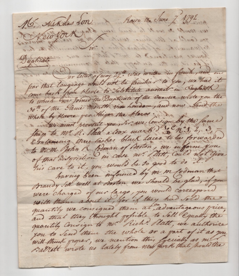 FRANCE ROUEN TO US NEW YORK STRAIGHT LINE JULY 27 1792 STAMPLESS FOLDED ...