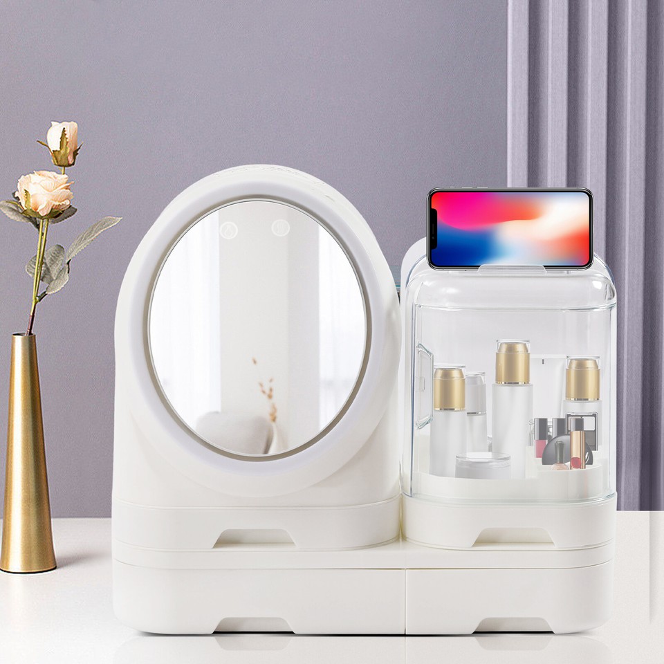 LED HD Mirror Makeup Storage Box Tabletop Cosmetic Organizer Case ...