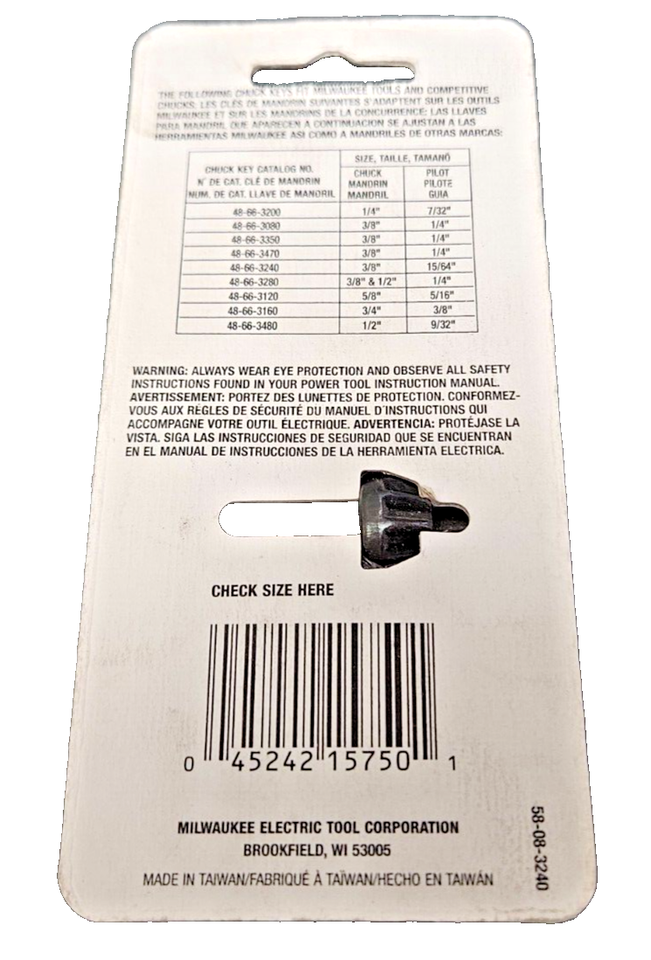 Milwaukee 48-66-3240 K30 Chuck Key Jacobs w/ 15/64" Pilot Fits 31,32,41 ...