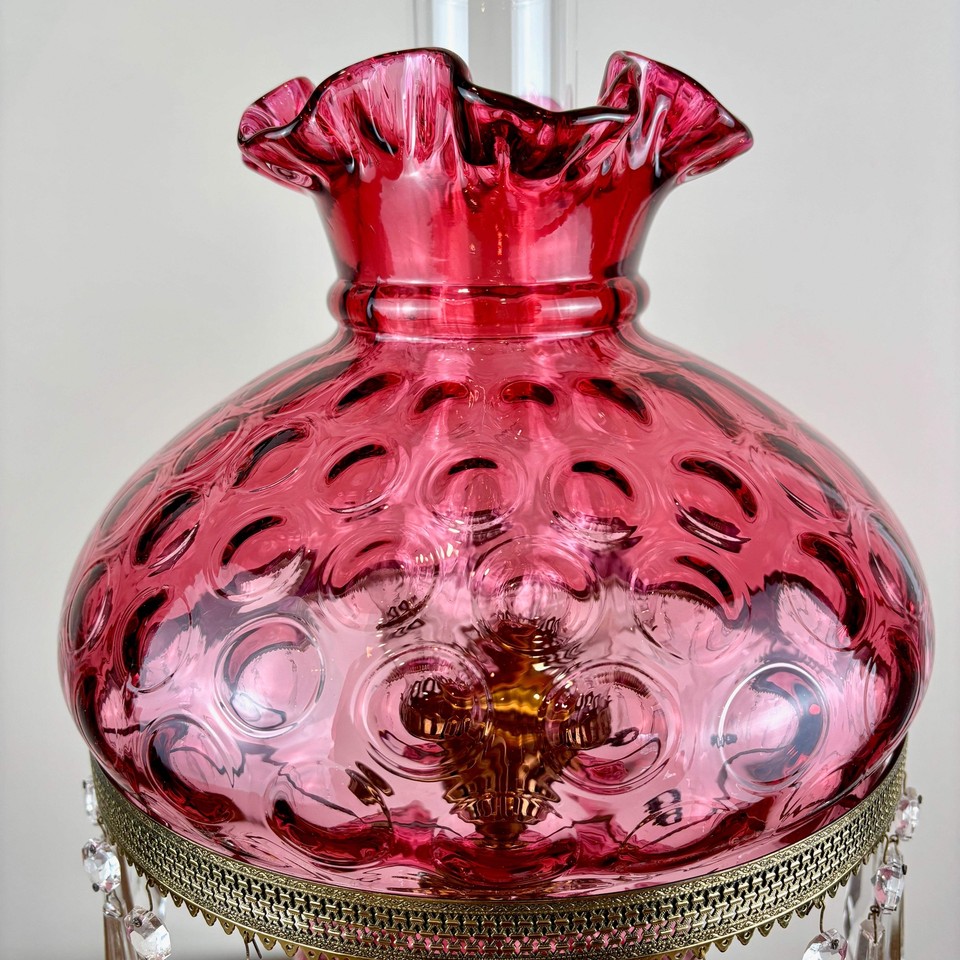 Vintage Fenton Cranberry Coin Dot Table Lamp Marble Base Crystal Prism ...